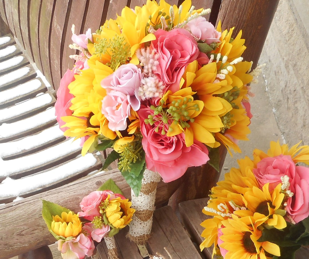 Sunflower and Pink Rose Silk Bridal Bouquet / Rustic Wedding Bouquet ...