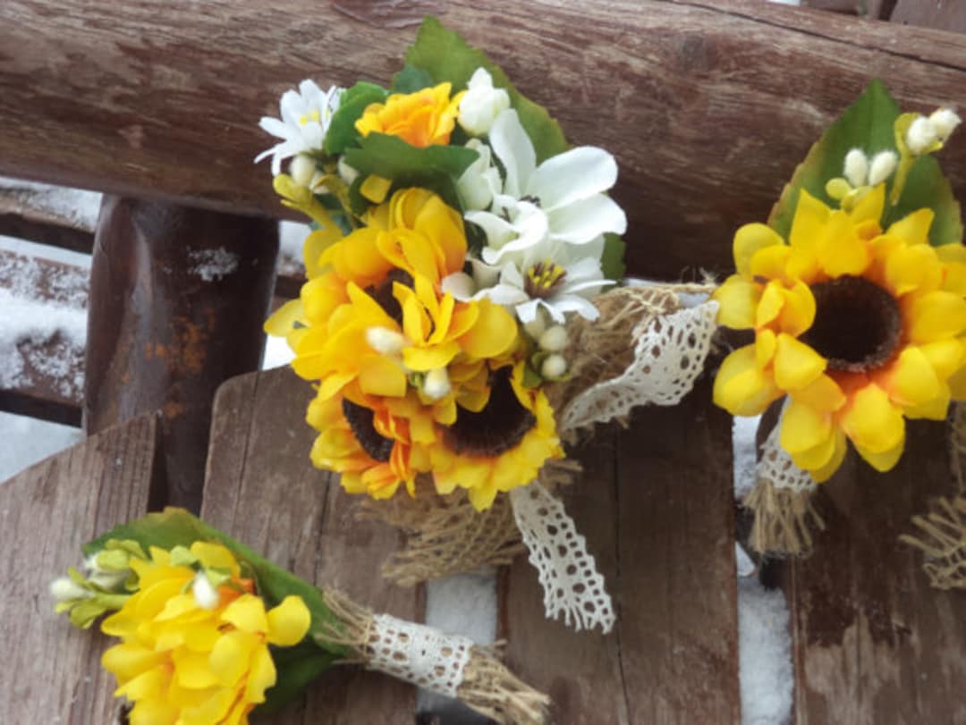 Sunflower Pin on or Wrist Corsage and Boutonniere Combination / Silk ...