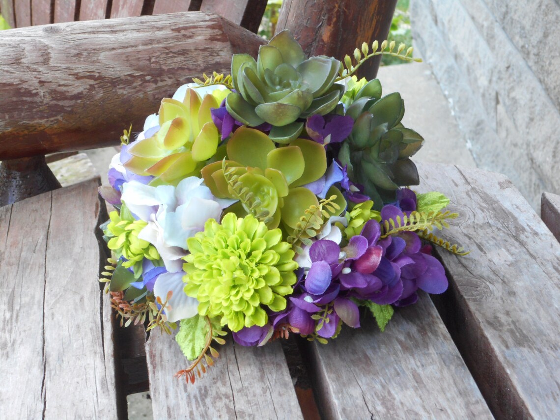 Wedding Cake Topper and Three Layers / Purple and Green Silk Flowers ...