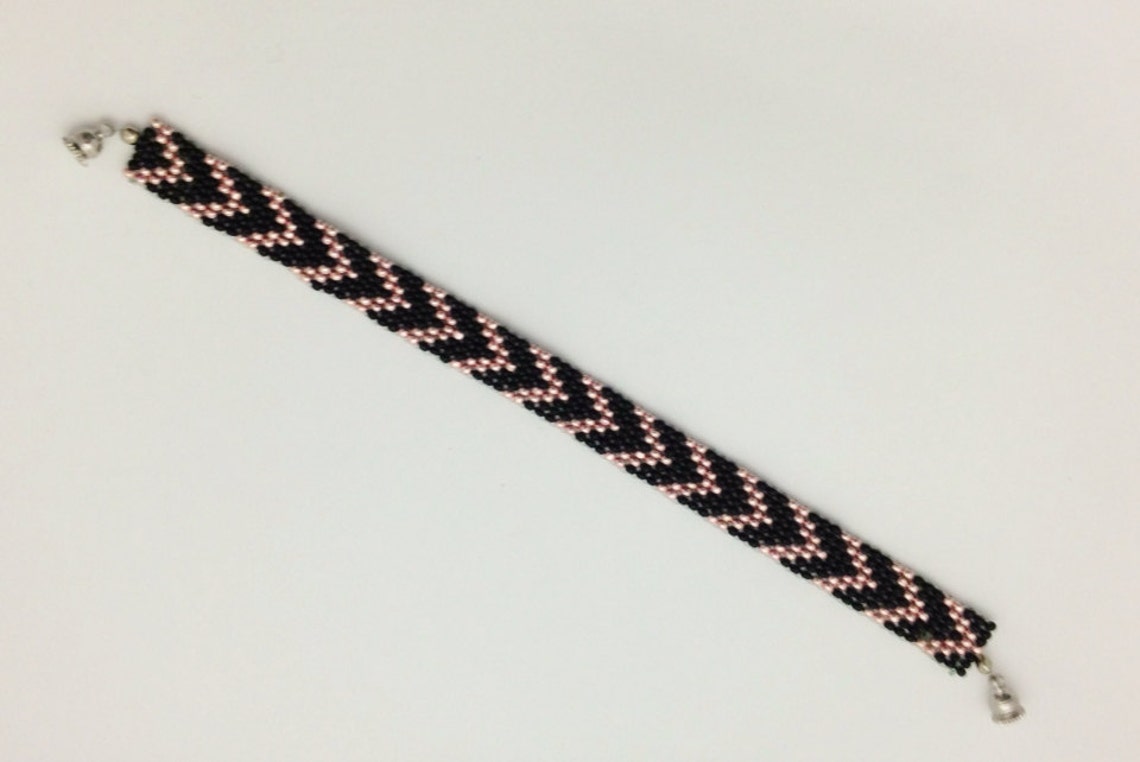 Loom Beaded Bracelet Chevron Pattern Black and Platinum Rose - Etsy