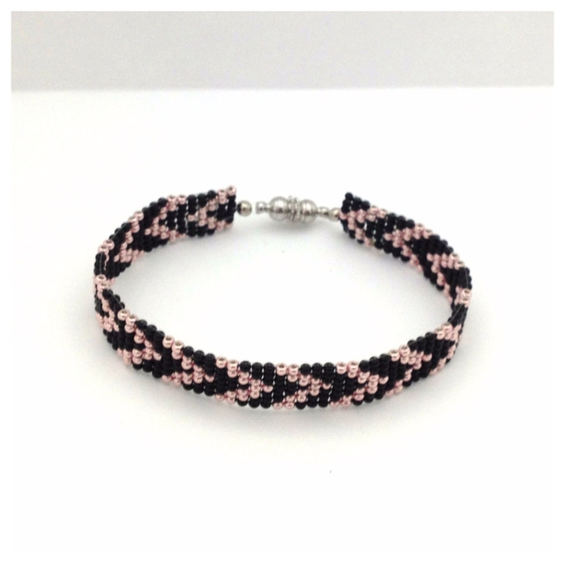 Loom Beaded Bracelet Chevron Pattern Black and Platinum Rose - Etsy