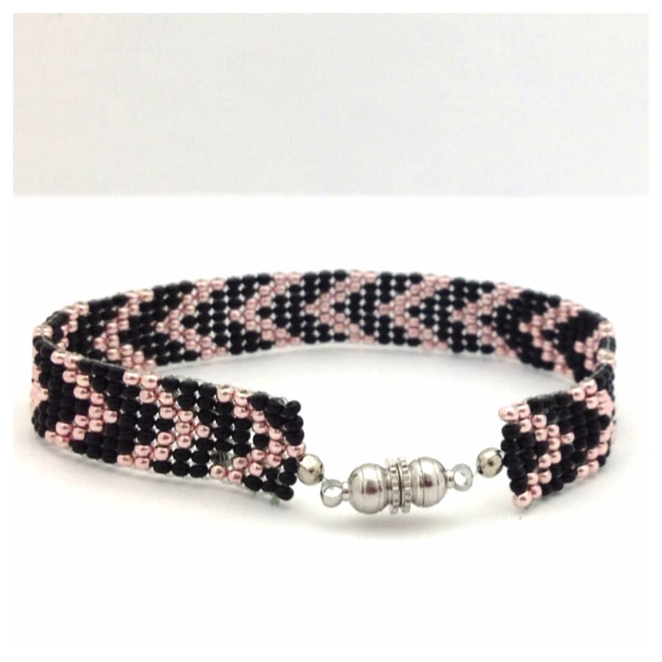 Loom Beaded Bracelet Chevron Pattern Black and Platinum Rose - Etsy