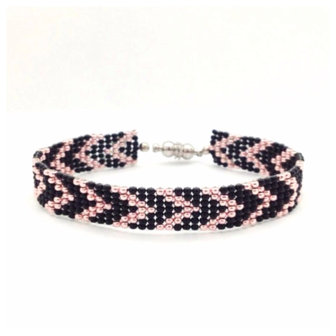 Loom Beaded Bracelet Chevron Pattern Black and Platinum Rose - Etsy