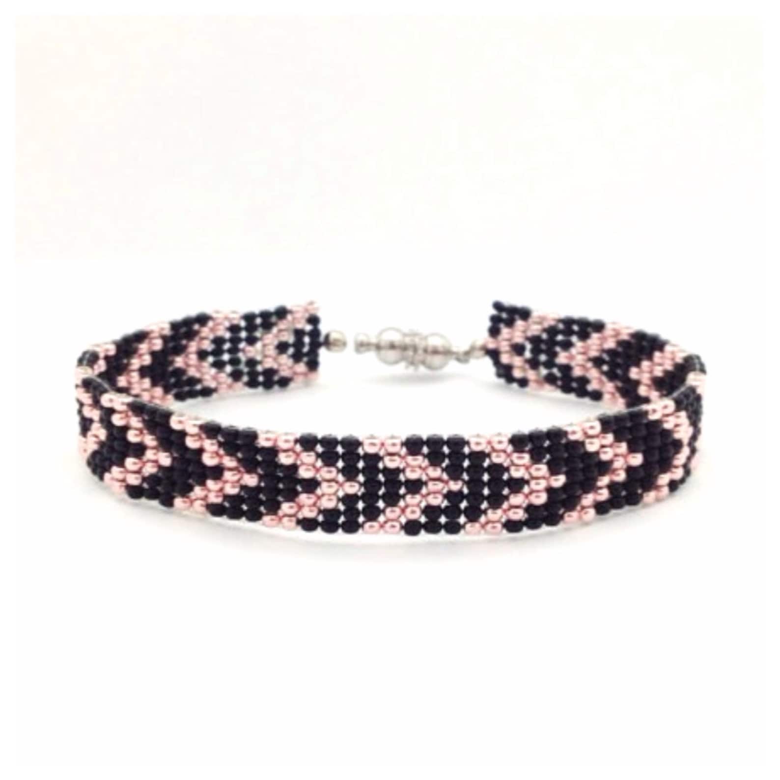 Loom Beaded Bracelet, Chevron Pattern, Black and Platinum Rose - Etsy