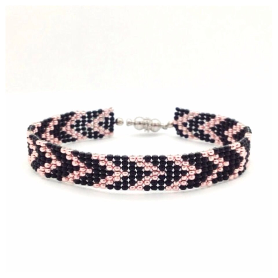 Loom Beaded Bracelet Chevron Pattern Black and Platinum Rose - Etsy
