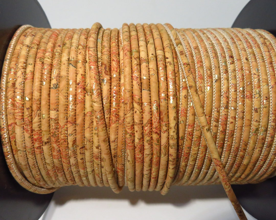 1m/39in - 3mm Portuguese Cork Cord - Natural With Gold and Red Strokes ...