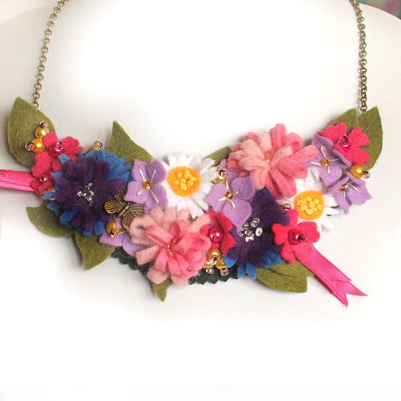 Colourful Flowers Statement Necklace Bold Felt Flower Bib | Etsy