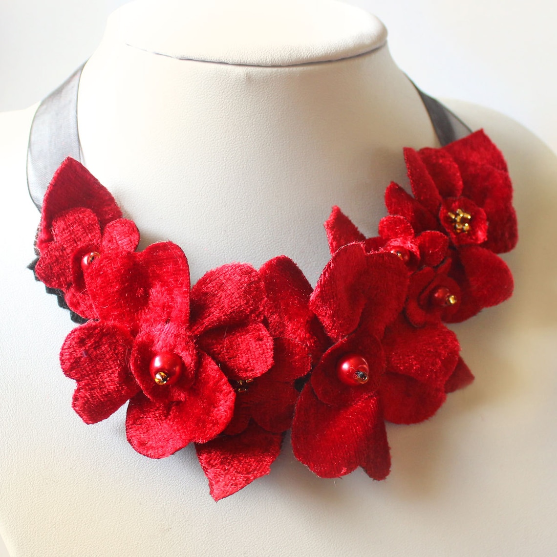 Bright Red Necklace, Velvet Flower Statement Jewellery With Ribbon Tie ...
