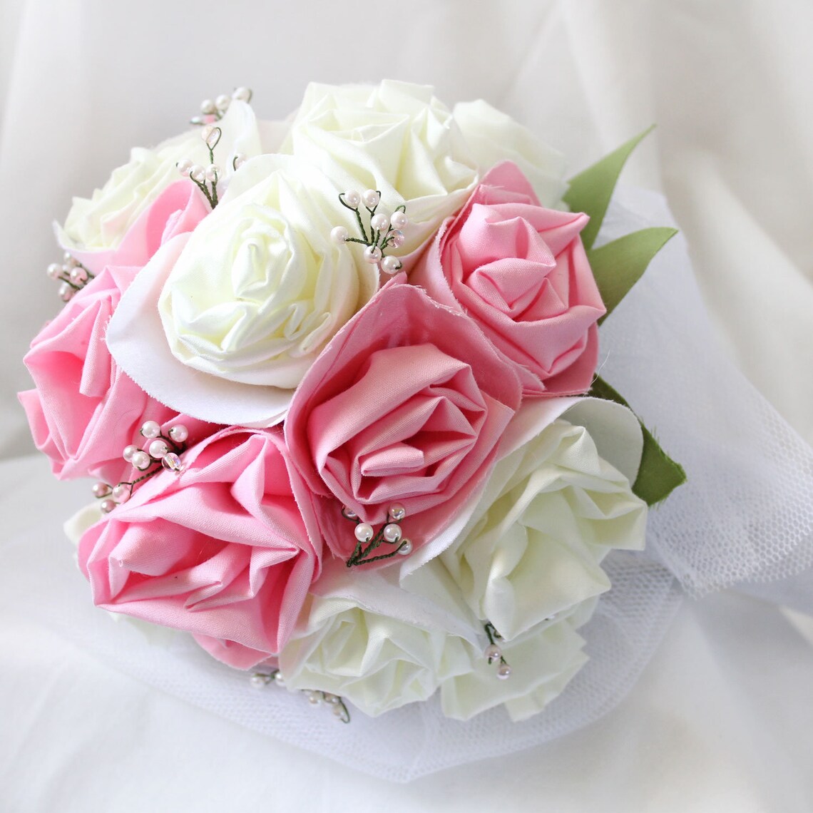 Fabric Flower Bouquet with Pink and Ivory Roses and | Etsy