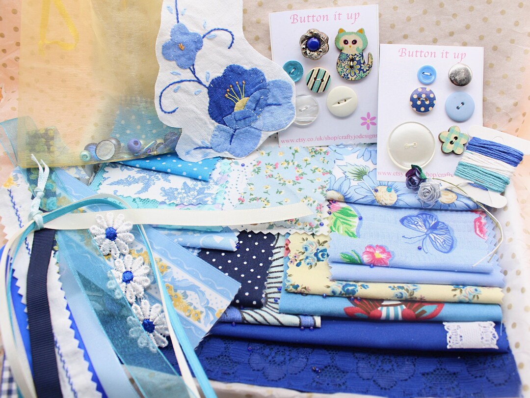 Blue Slow Stitch Kit, Fabric, Ribbon and Lace Sewing Bundle, - Etsy