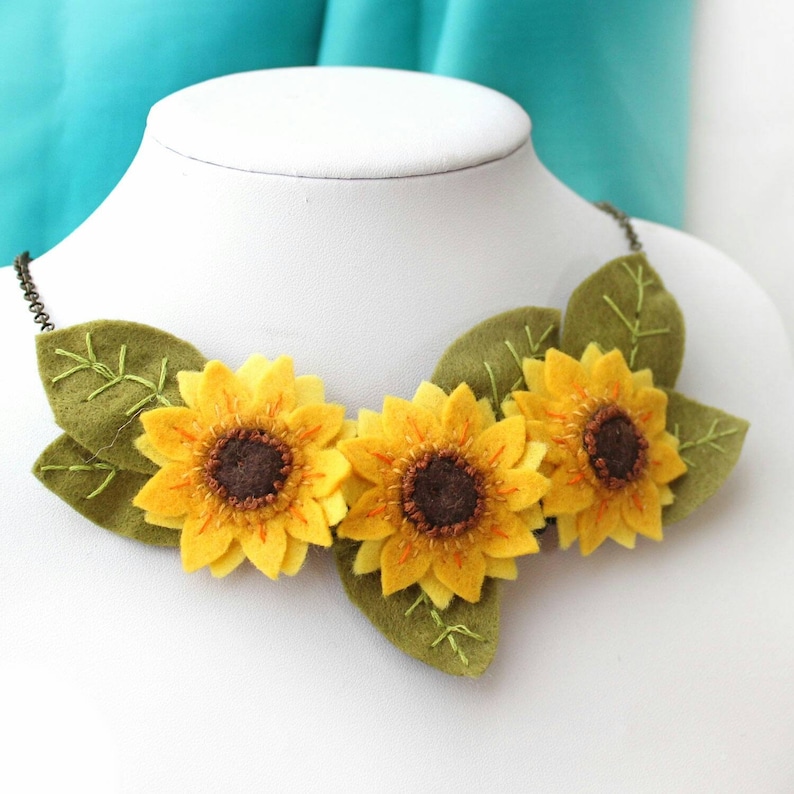 Sunflower Necklace With Hand Embroidered Golden Yellow Felt Flowers ...