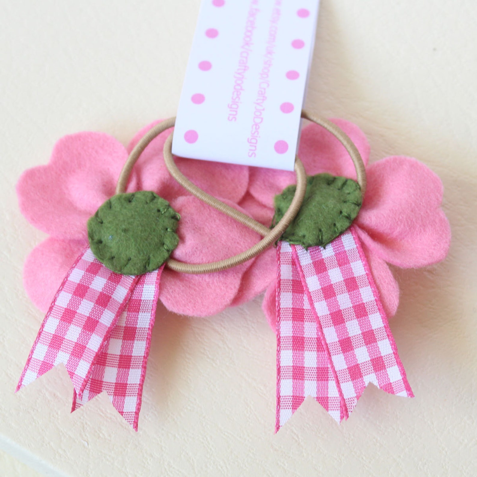 Pink Flower Hair Bobbles With Gingham Ribbon Set of Two Felt | Etsy