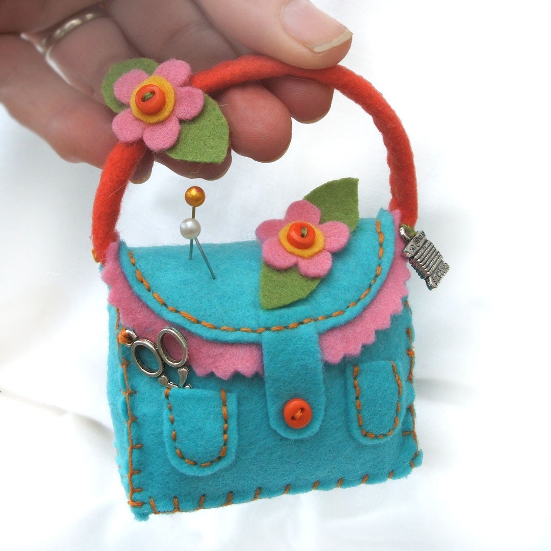 Sewing Collectible Felt Pincushion, Turquoise Handbag Pin Cushion With ...