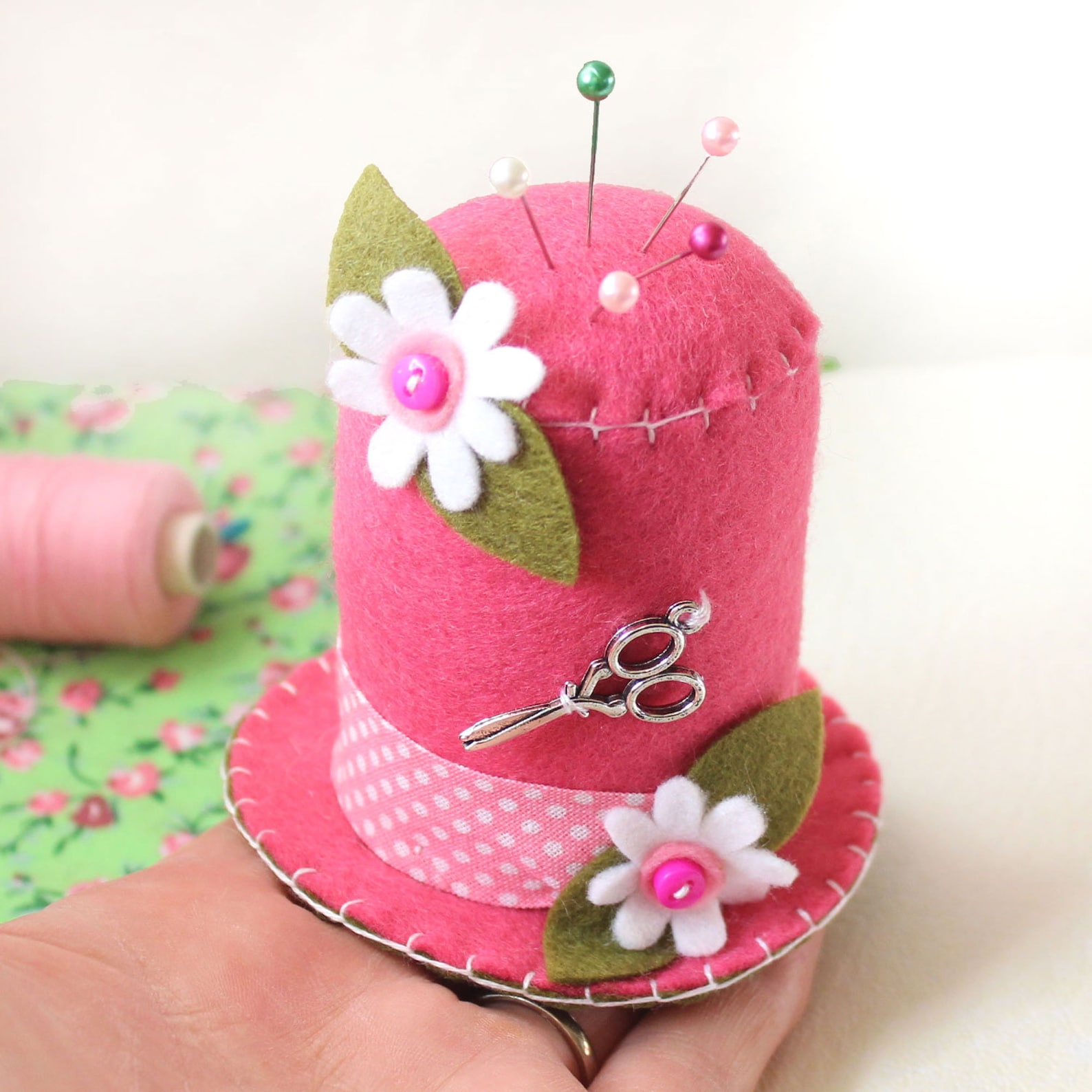 Pink Felt Pincushion, Top Hat Pin Cushion Sewing Gift, Cottage Core ...