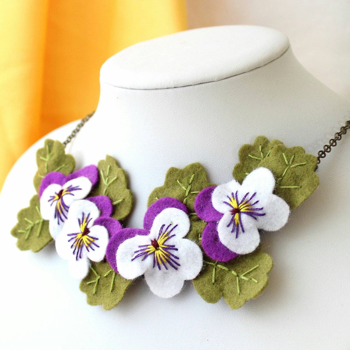 Wild Pansy Statement Necklace With Hand Embroidered White and | Etsy UK