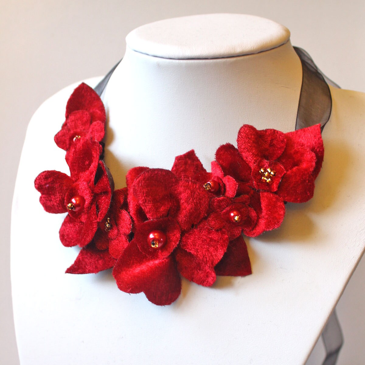 Bright Red Necklace, Velvet Flower Statement Jewellery With Ribbon Tie ...