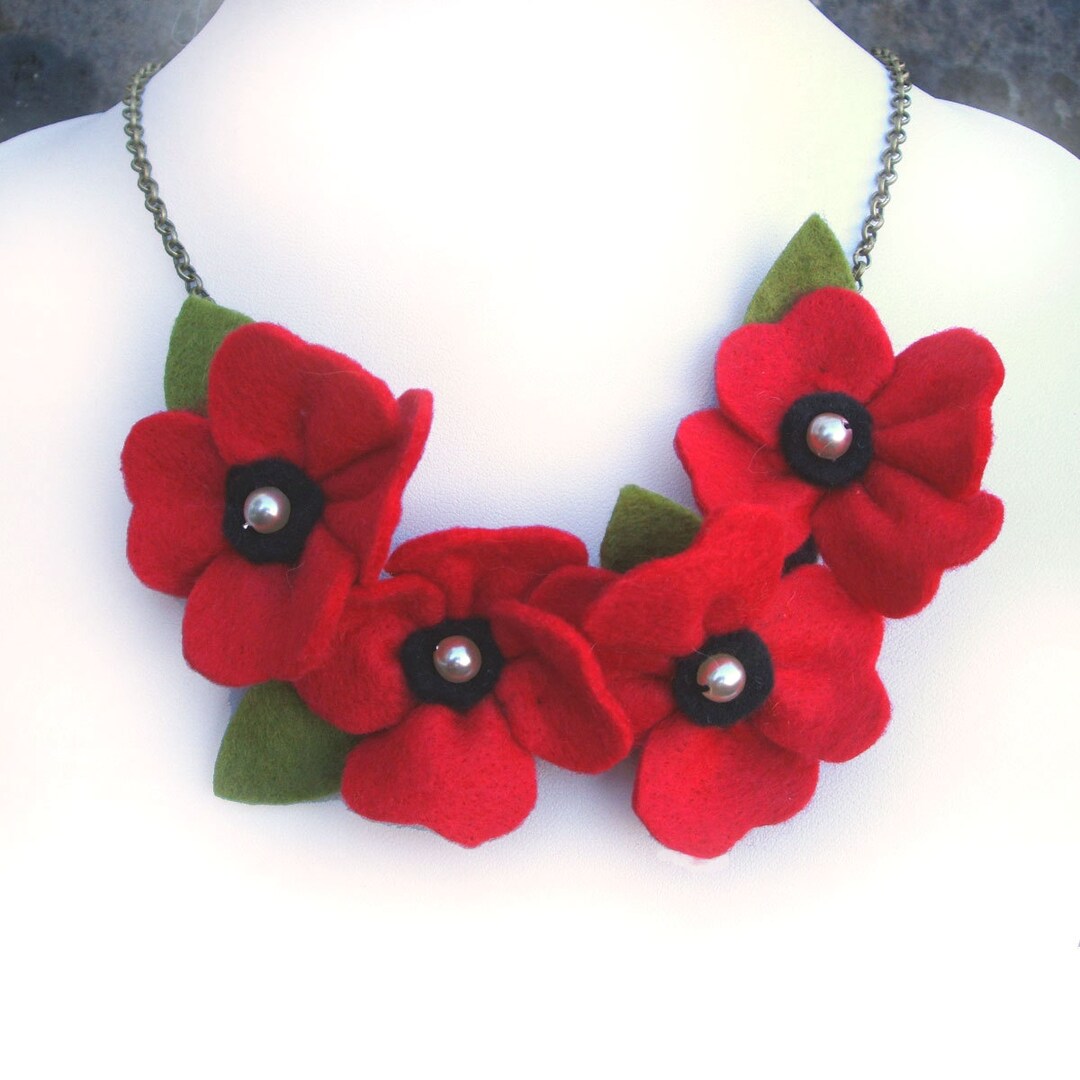 Poppy Necklace, Bright Red Felt Statement Jewellery, - Etsy