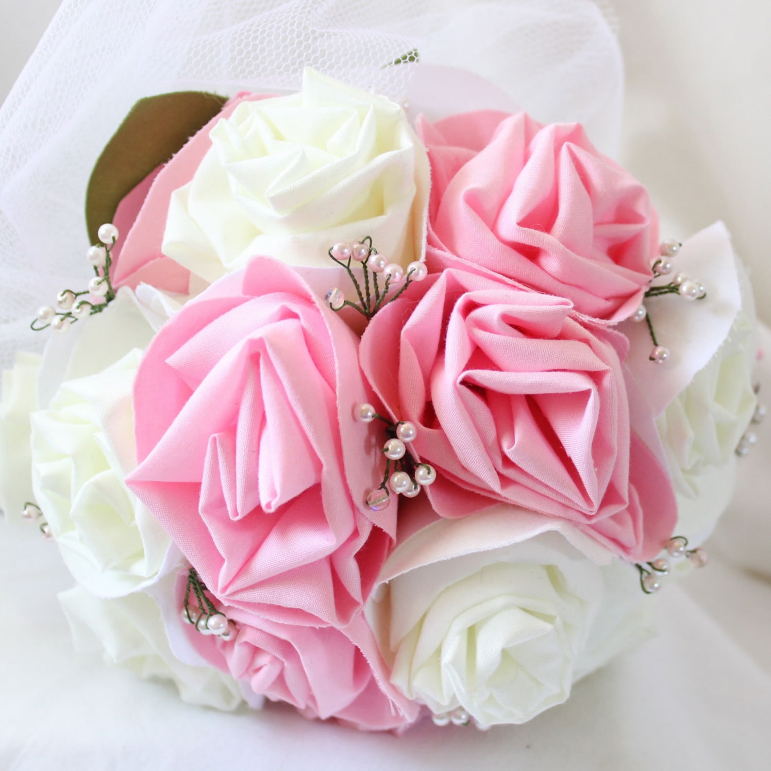Fabric Flower Bouquet with Pink and Ivory Roses and | Etsy