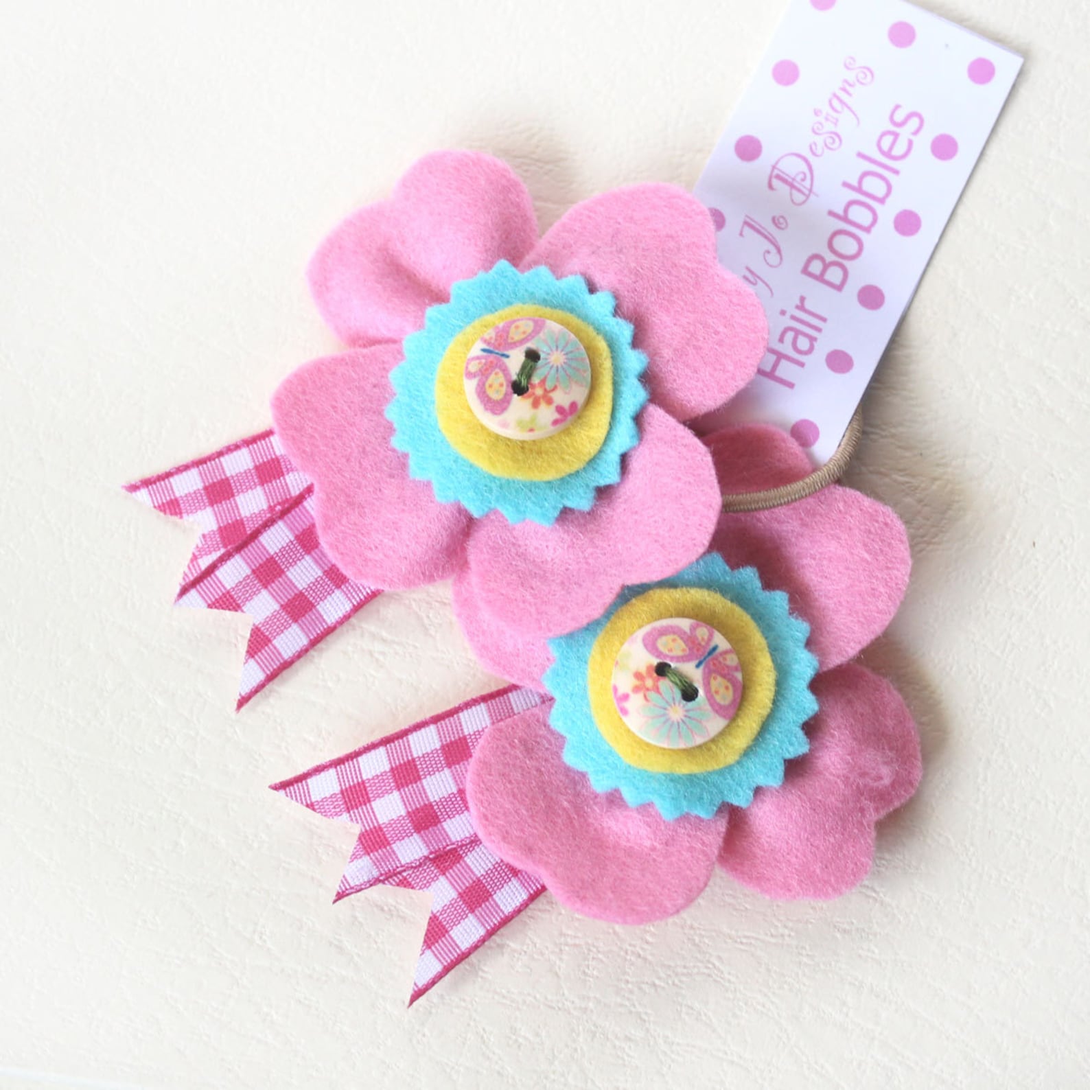 Pink Flower Hair Bobbles With Gingham Ribbon Set of Two Felt | Etsy