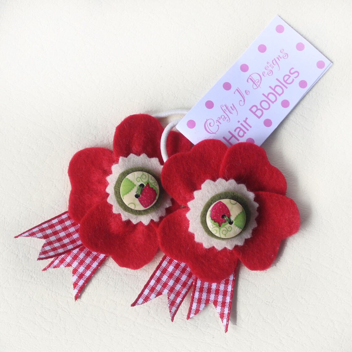 Red Flower Hair Bobbles Felt Pigtail Holders With Strawberry | Etsy