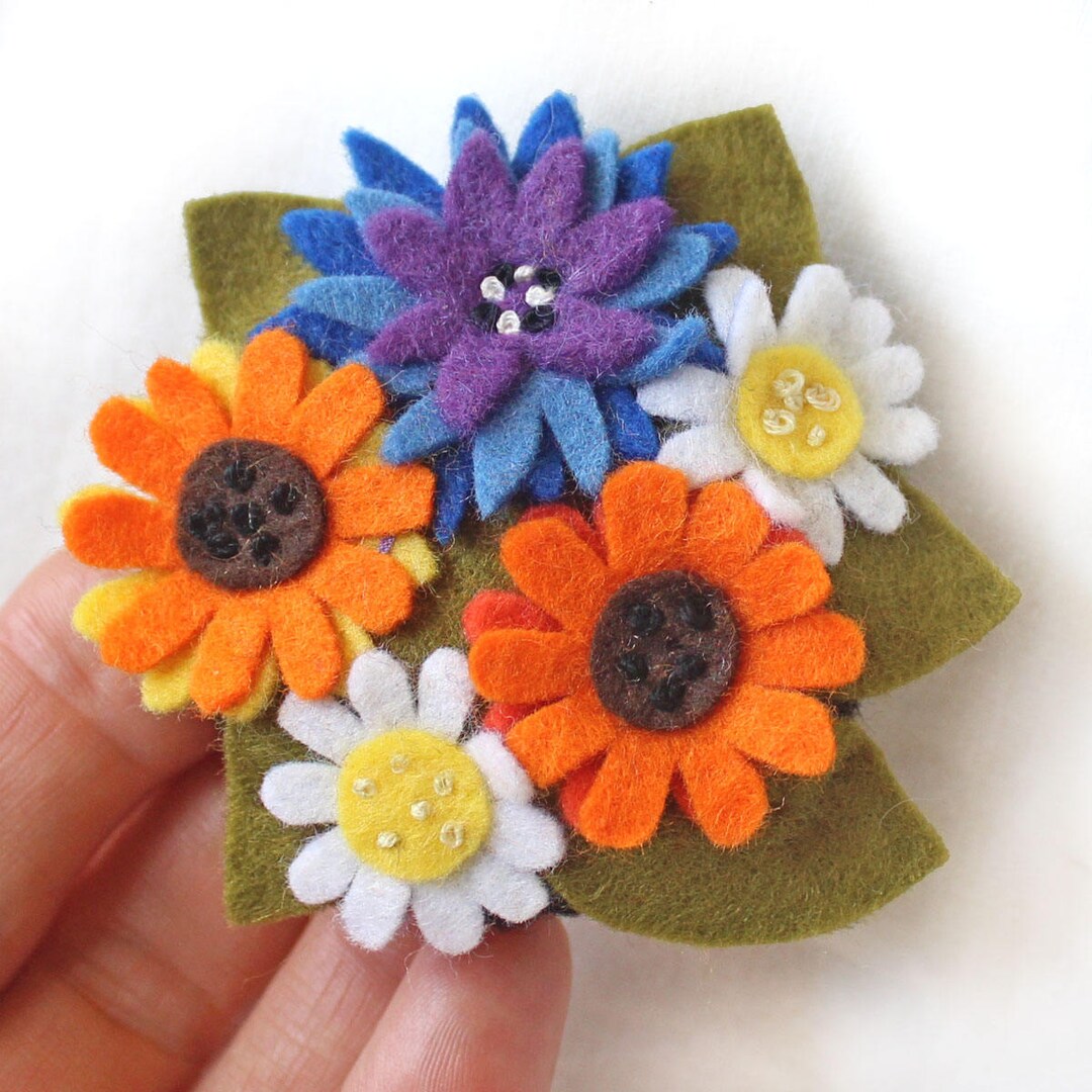 Summer Flowers Felt Brooch, Marigolds, Cornflowers, Daisies Floral ...