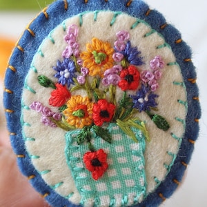 Hand Embroidered Wild Flowers Brooch With Marigolds, Poppies ...