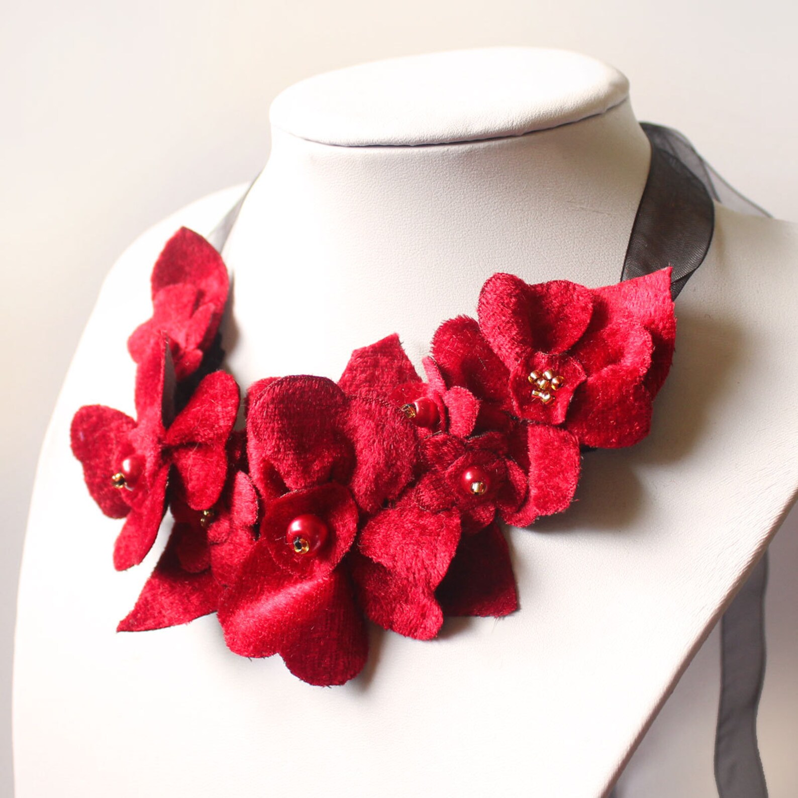 Bright Red Necklace, Velvet Flower Statement Jewellery With Ribbon Tie ...