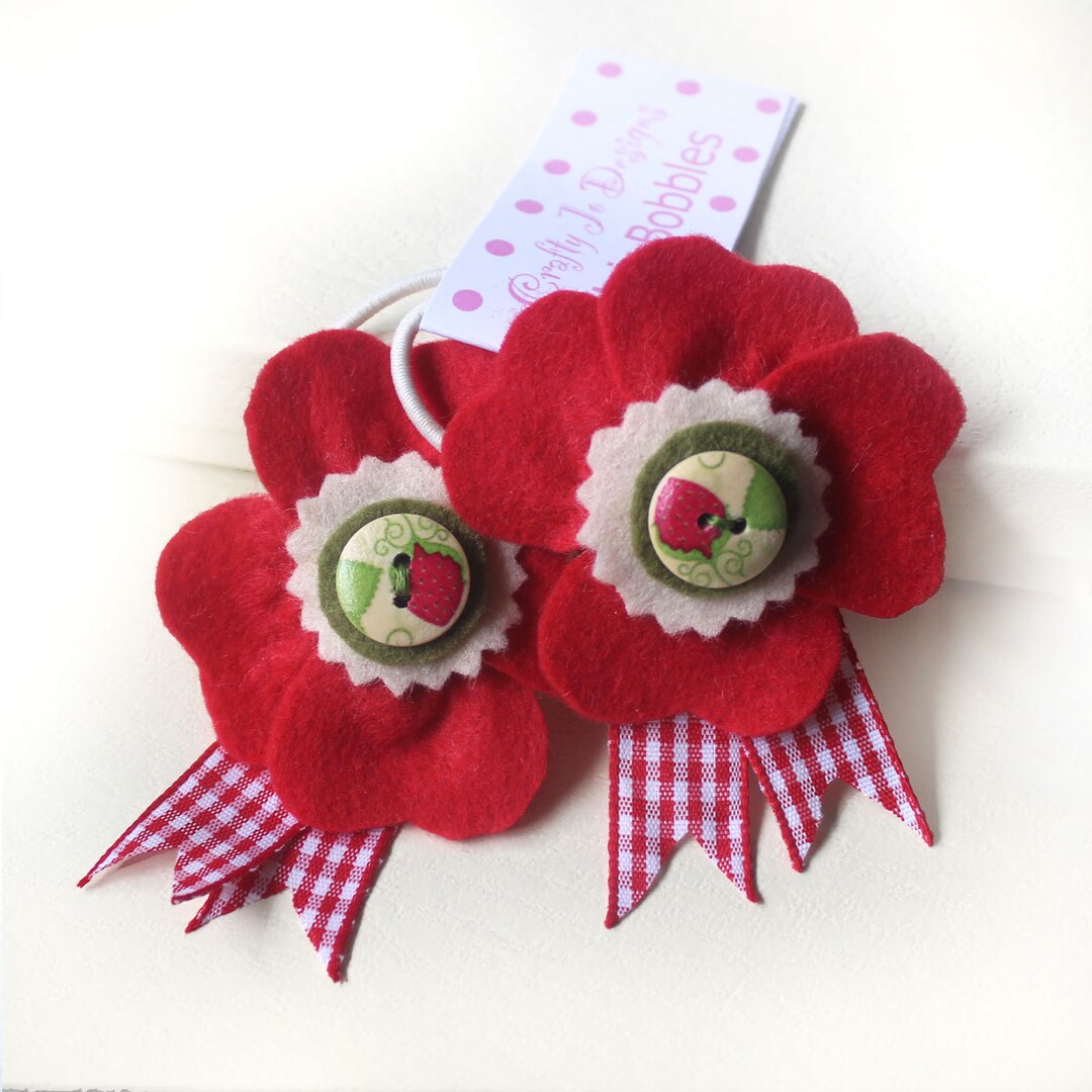 Red Felt Flower Hair Bobbles: Strawberry Button, Gingham Ribbon Pigtail ...