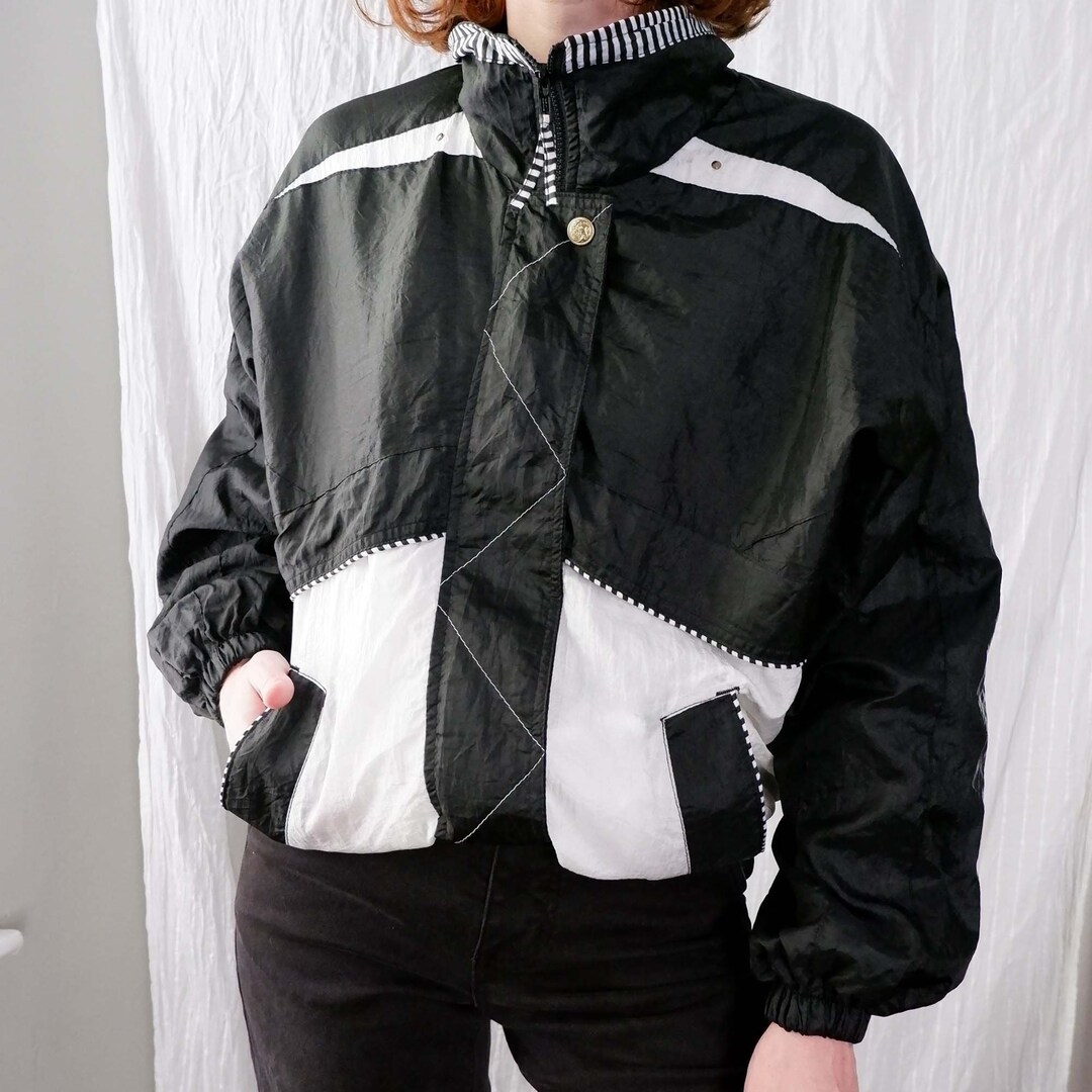 Small | 80s 90s Retro Black and White Colorblocked Windbreaker Jacket ...