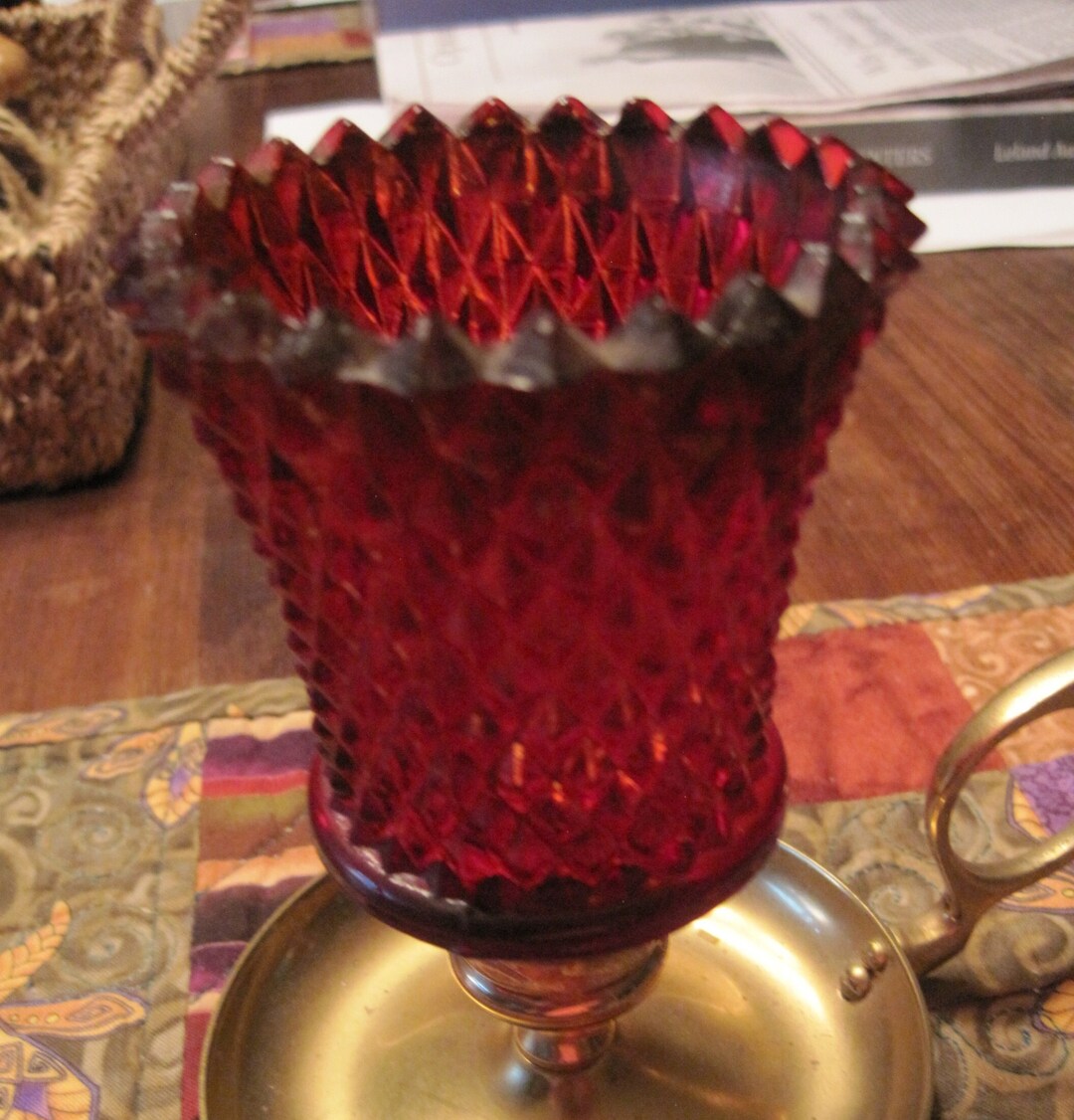 Vintage Diamond Cut Ruby Red Votive Candle Holder. Candlestick Globe ...