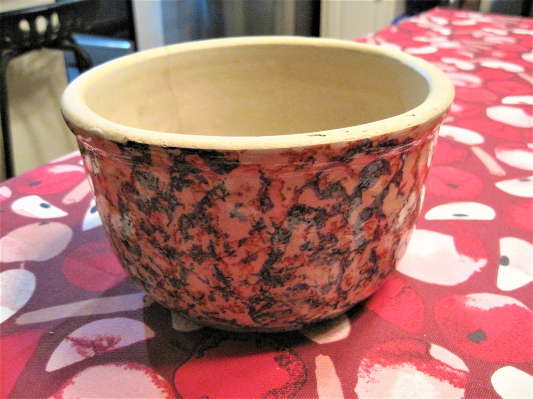 Vintage 2 Qt Glazed Red & Blue Spatterware Stoneware Pottery Crock ...