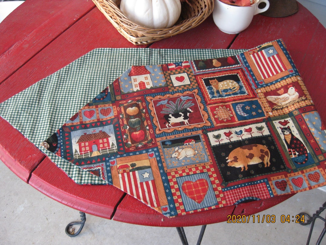 Vintage Farmhouse Table Runner, 100% Cotton; Reversible; Pastoral ...