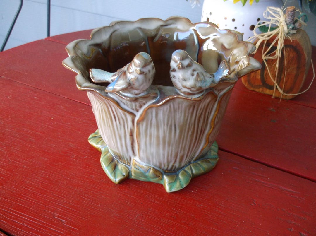 Vintage Blue Birds Pottery Planter: Glazed Ceramic Flowerpot; Plant ...