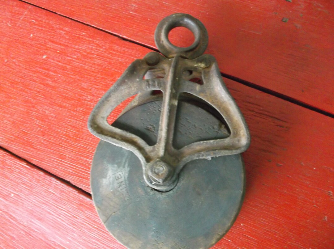 Antique Barn Rope Pulley W/ Wood Wheel, Metal Bracket & Eye Hook ...