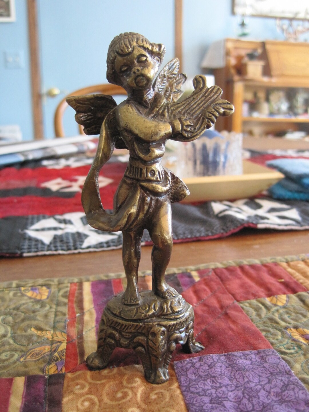 Vintage Solid Brass Angel Figurine: Lyre Harp Cherub Sculpture ...