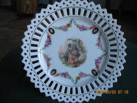 German open lace edge plate saucer hand painted Colonial | Etsy