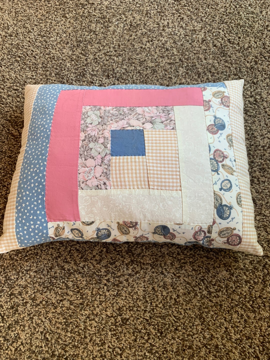 Vintage Log Cabin Quilted Throw Pillow; 100% Cotton Fabric; Double ...