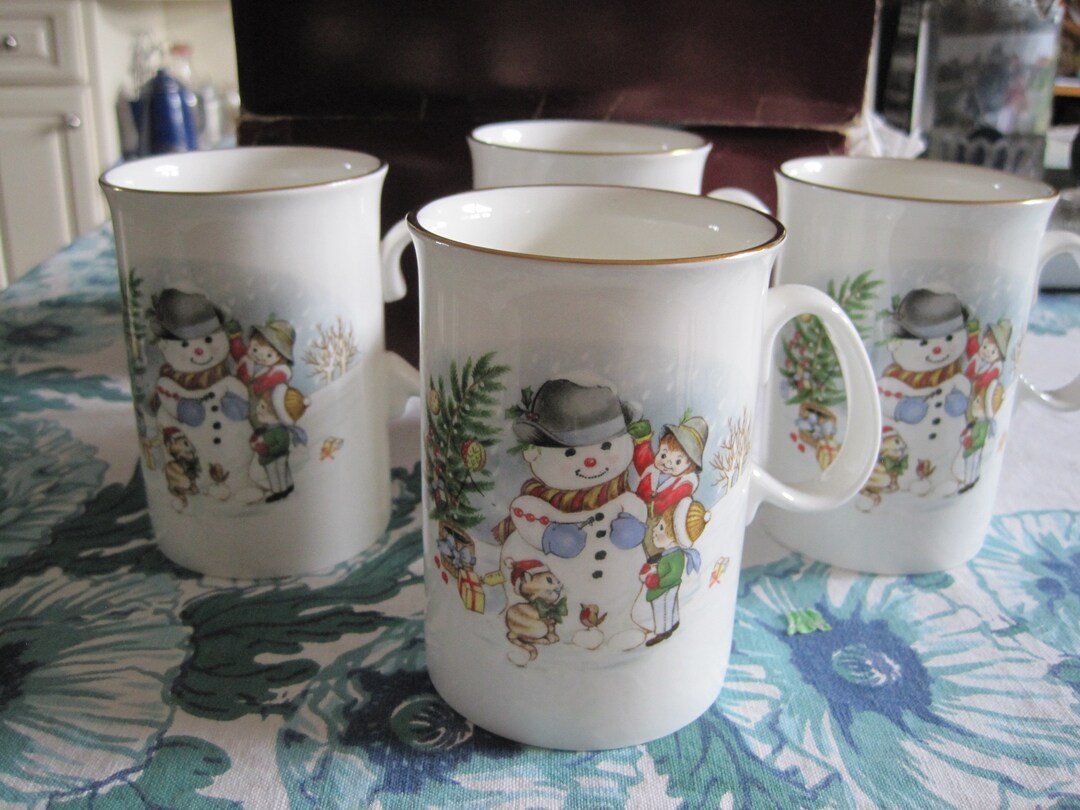 Vintage Jason Fine Bone China Christmas Mugs: Snowman & Tree, Set of 4 ...