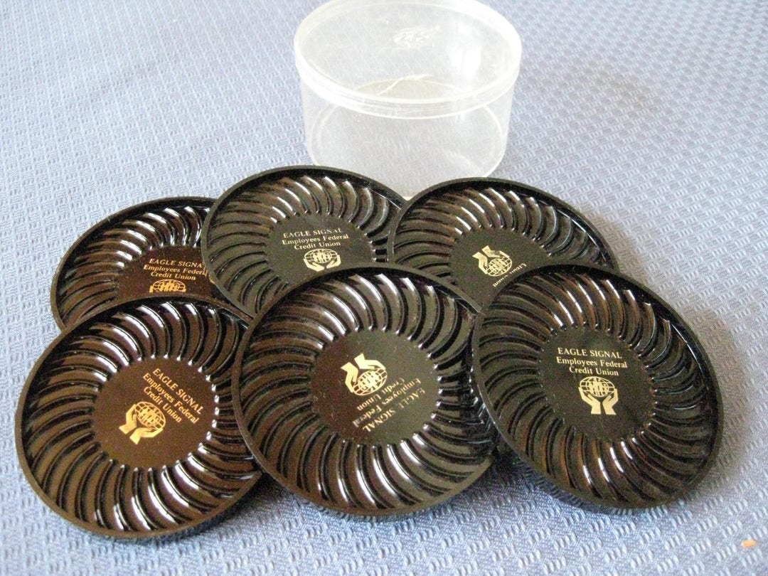 Set / 6 Retro Vintage Black Coasters, Case Plastic, 3 1/2 D. Eagle ...