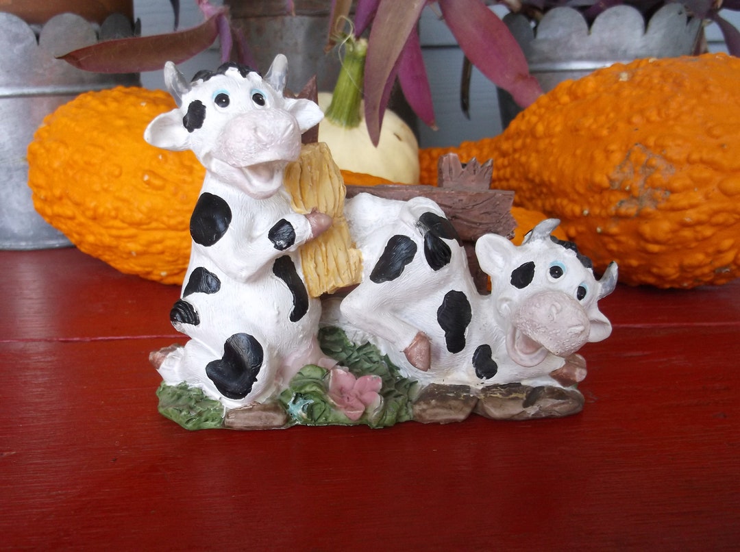 Vintage Cow Figurine Holstein Cows / Bulls Laughing, Playing by Fence ...