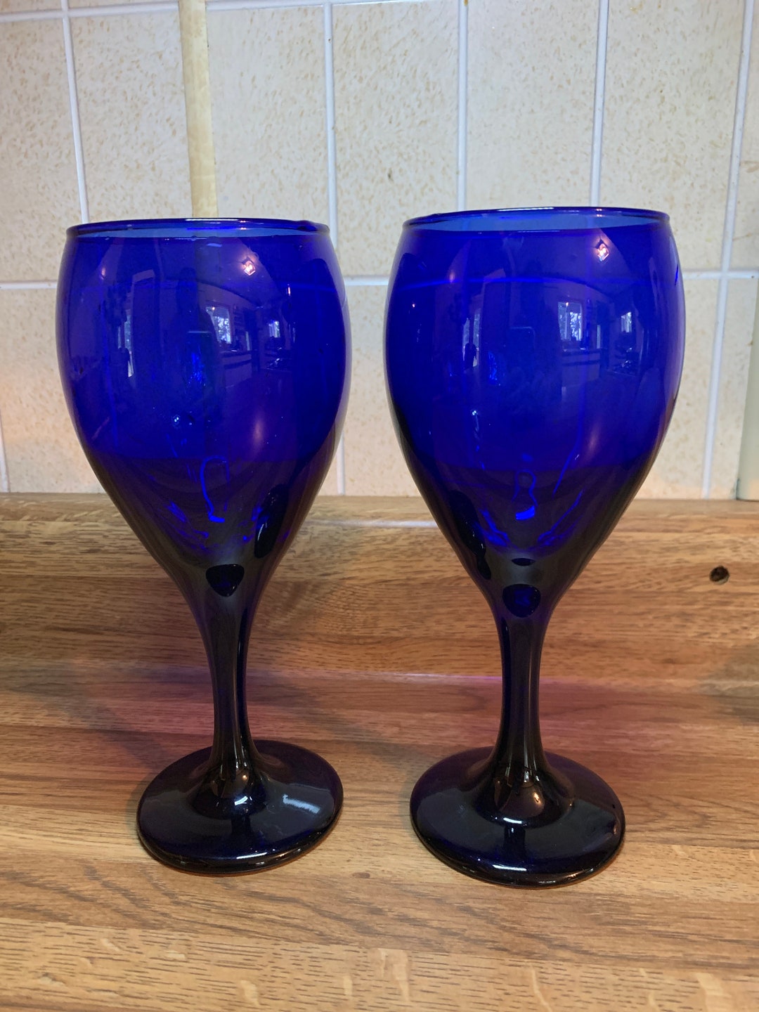 Set / 2 Vintage Cobalt Blue Stem Goblets Wine Glass Water Goblet. Tall ...