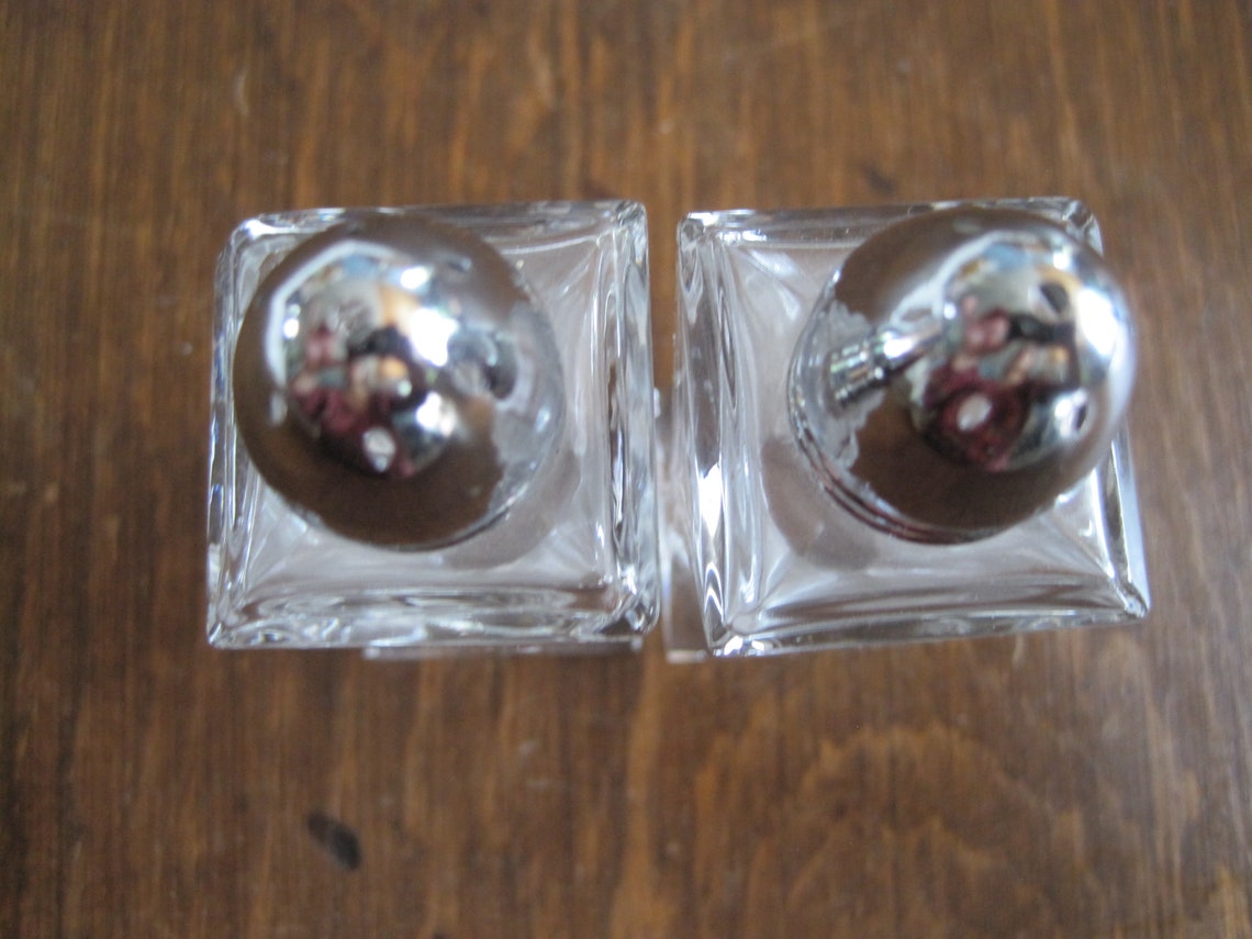 Vintage Glass Salt & Pepper Shaker Set: Chrome Caps, Curved Body. Retro ...