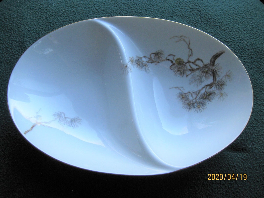 Vintage Sango Larchmont Divided Serving Dish: Gold Rim Pine Tree Design ...