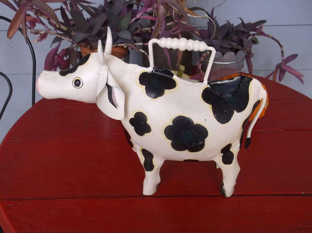 Vintage Cow Watering Can. Metal Sculpture, Black & White Dairy Holstein ...