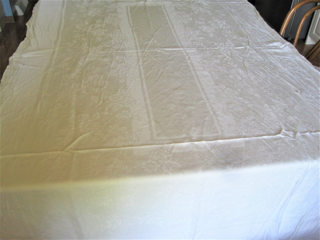 Vintage Large White Damask Tablecloth. Woven Cotton; Satin Floral Leaf ...