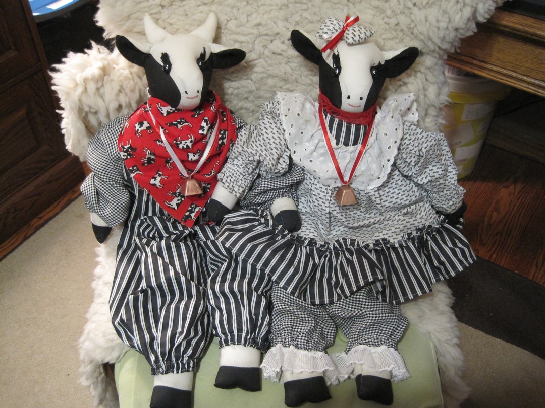 Vintage Cow Dolls Heifer & Bull; Hand Crafted Soft Sculpture; Holstein ...