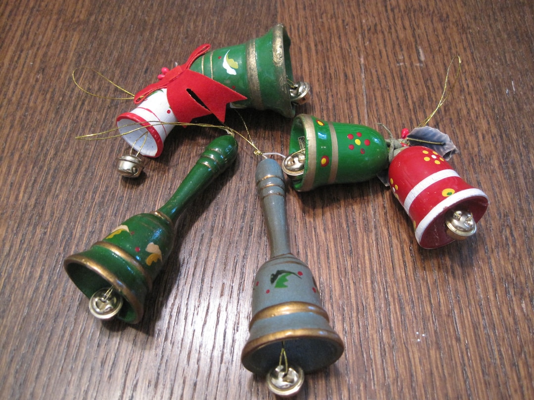4 Vintage Wooden Bells Christmas Tree Ornaments 4 Hanging Decorations ...