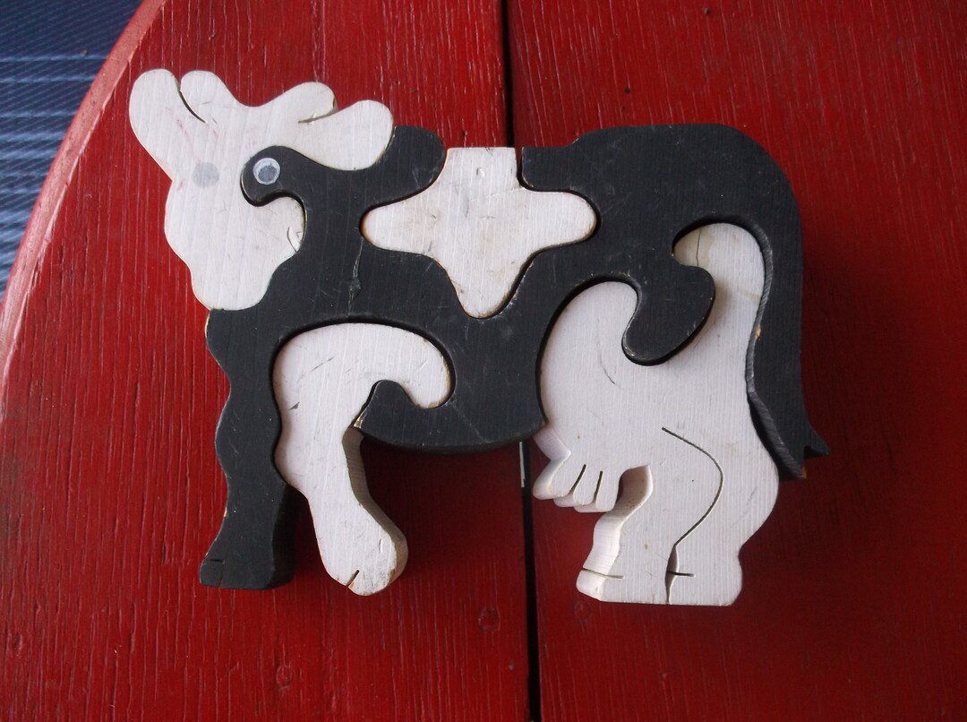 Vintage Wooden Cow Puzzle: Hand Carved Holstein Farm Toy. Holstein Cow ...