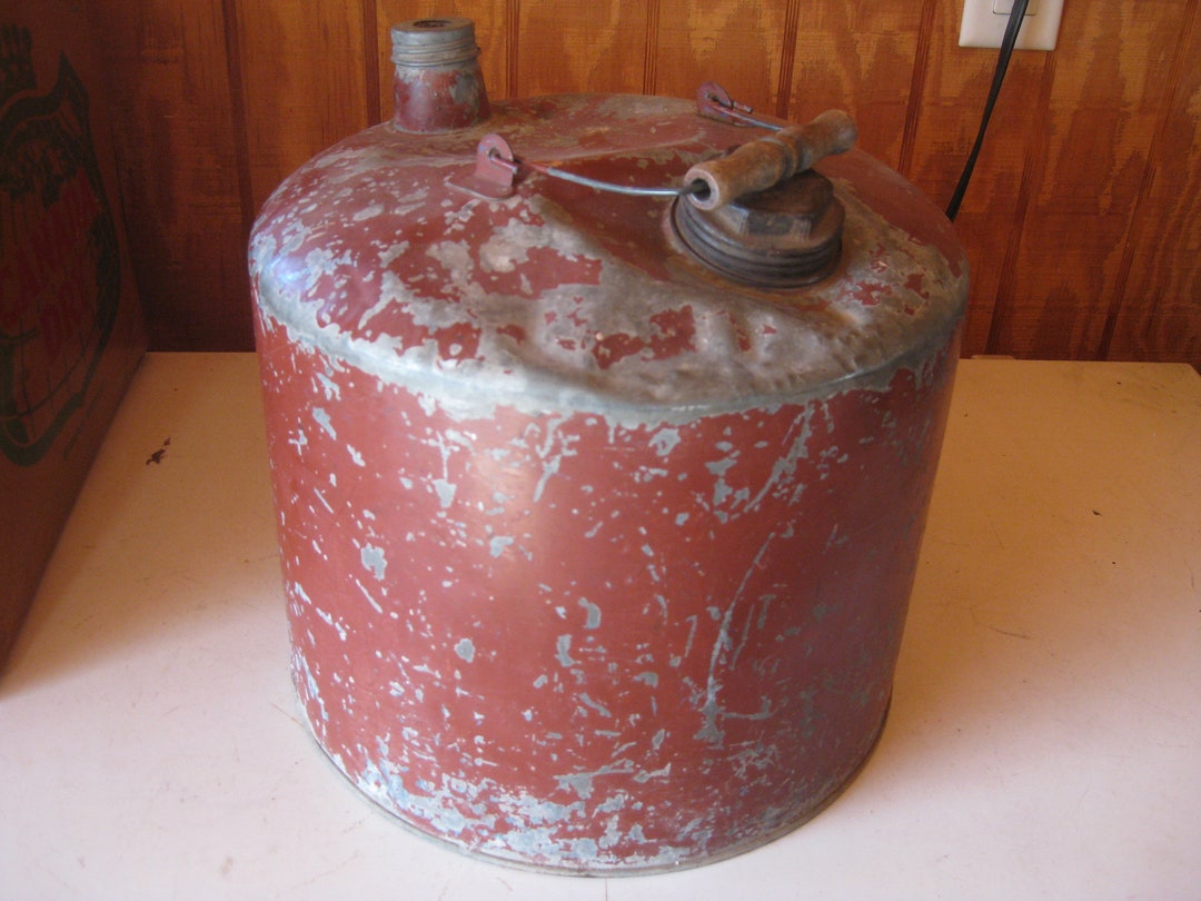 Vintage Red Galvanized Metal Gas Can; Kerosene, Oil; Spout; Wood Handle ...