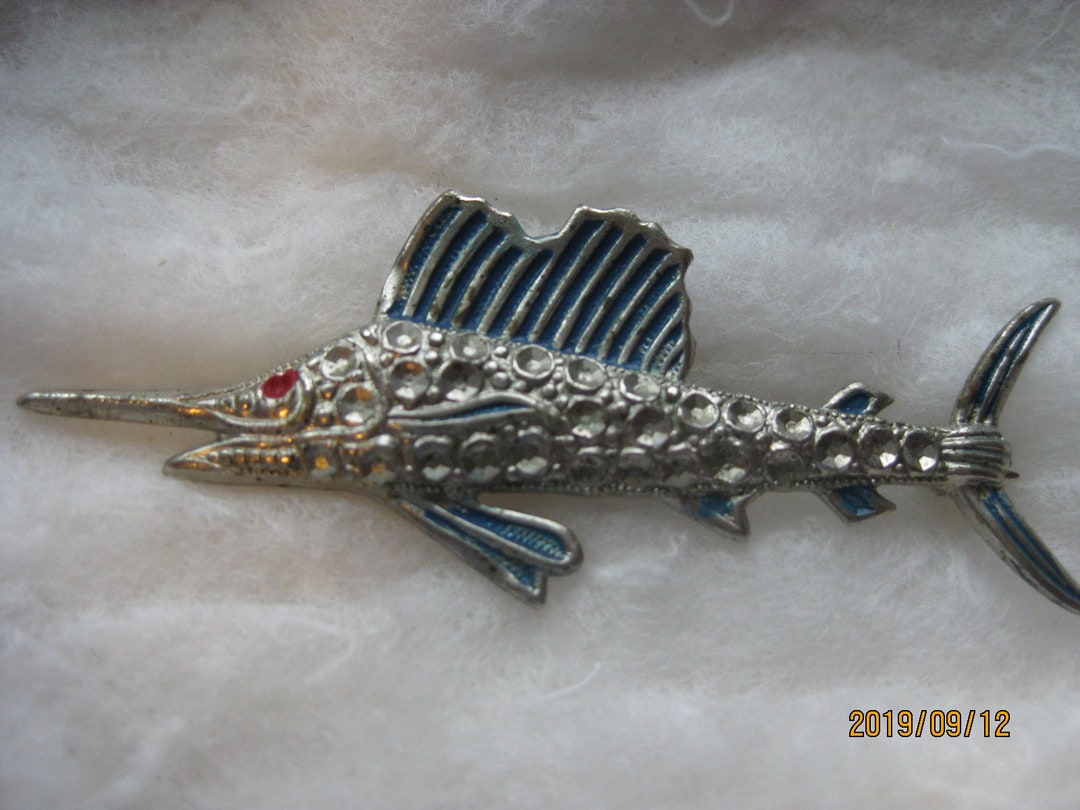 Vintage 1940s Swordfish Pin: Rhinestone Scales, Blue Enamel Fins. Retro ...